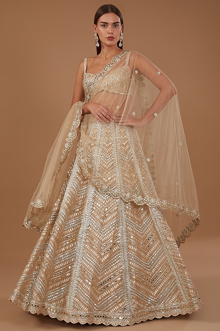 Gold Silk Organza Mirror Embroidered Wedding Lehenga Set By Aneesh