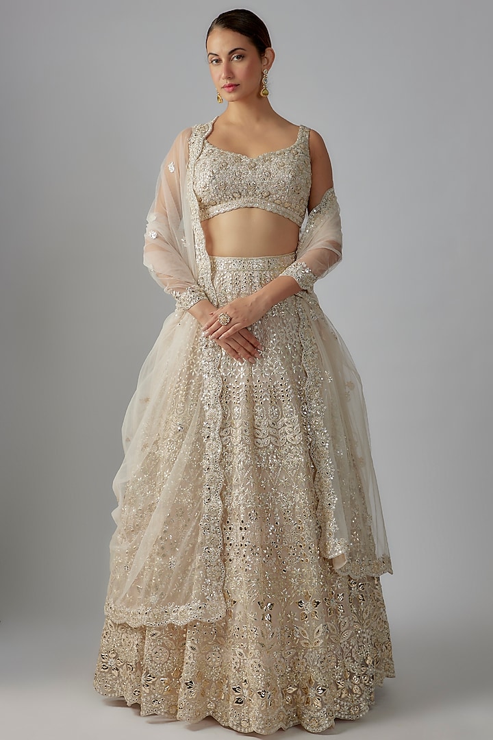 Beige Gold Net Mirror Embroidered Wedding Lehenga Set By Aneesh
