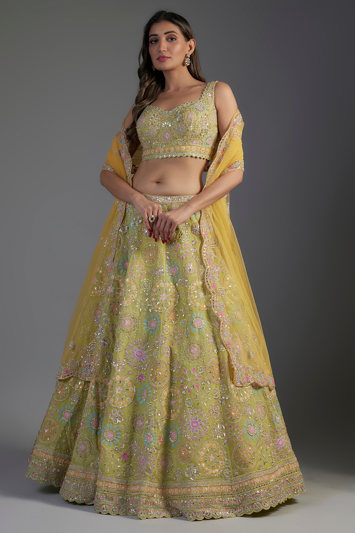 Green Organza Embroidered Bridal Lehenga Set by Aneesh Agarwaal at ...