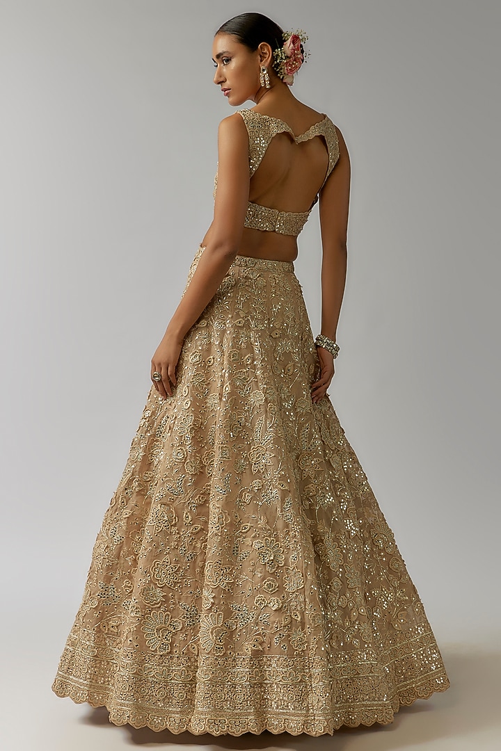 Gold Net Mirror And Thread Embroidered Bridal Lehenga Set By Aneesh