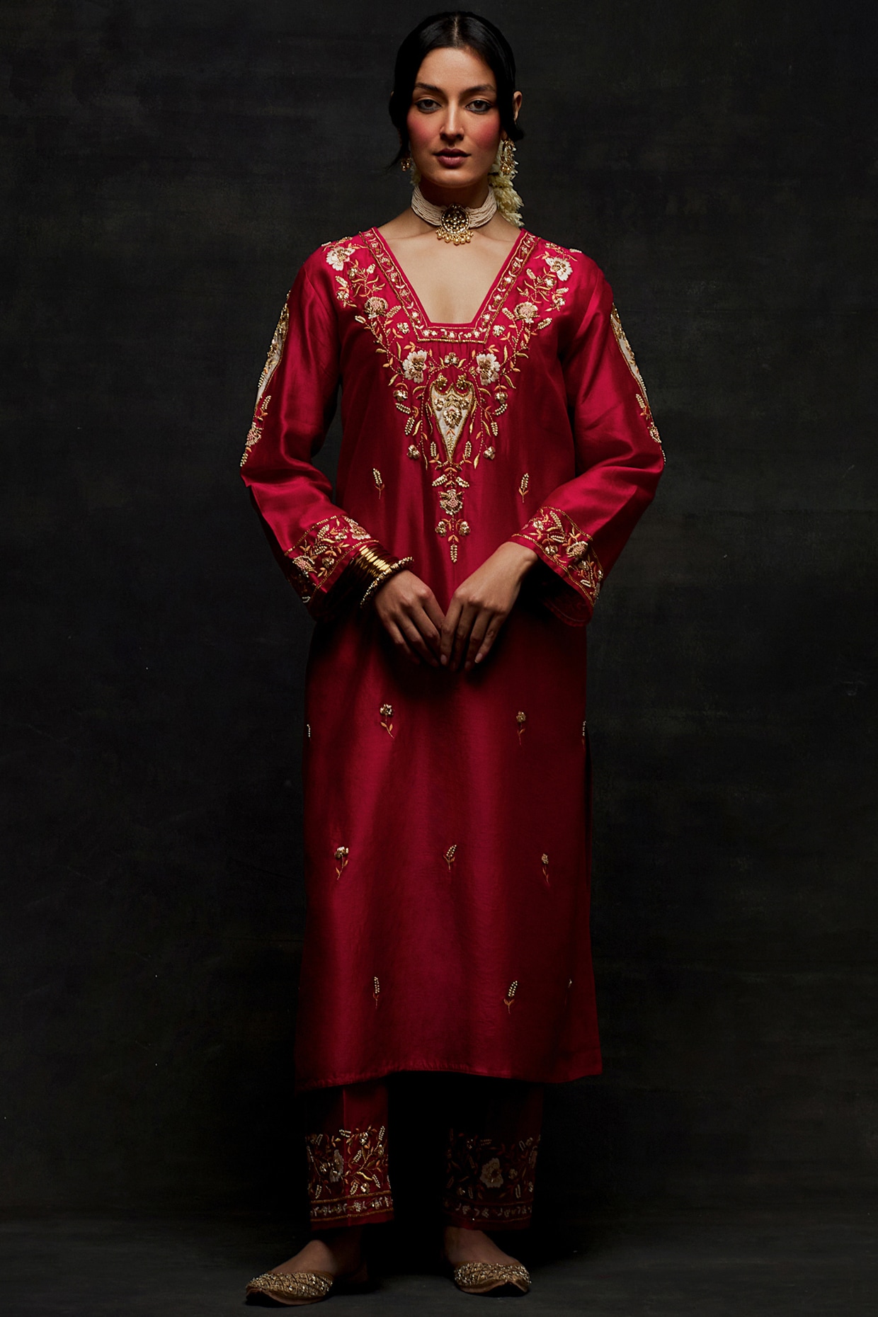 Red Silk Chanderi Floral Embroidered Kurta Set by Anantaa By Roohi ...