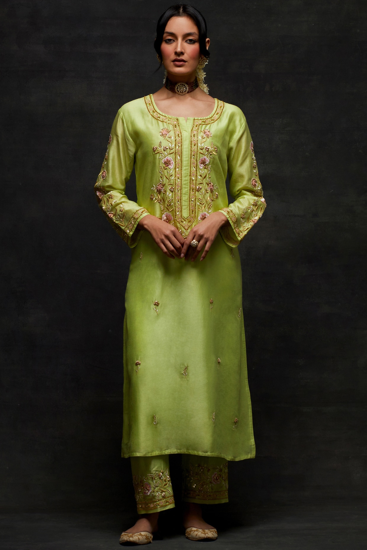 Green Silk Chanderi Floral Embroidered Kurta Set by Anantaa By Roohi ...