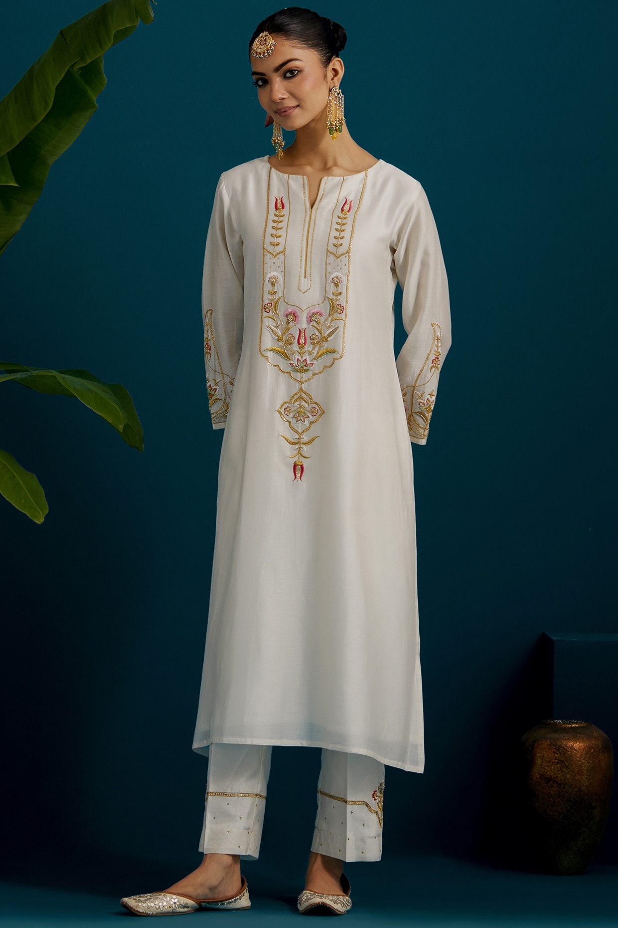 Off-White Silk Chanderi Dabka Embroidered A-Line Kurta Set by Anantaa ...