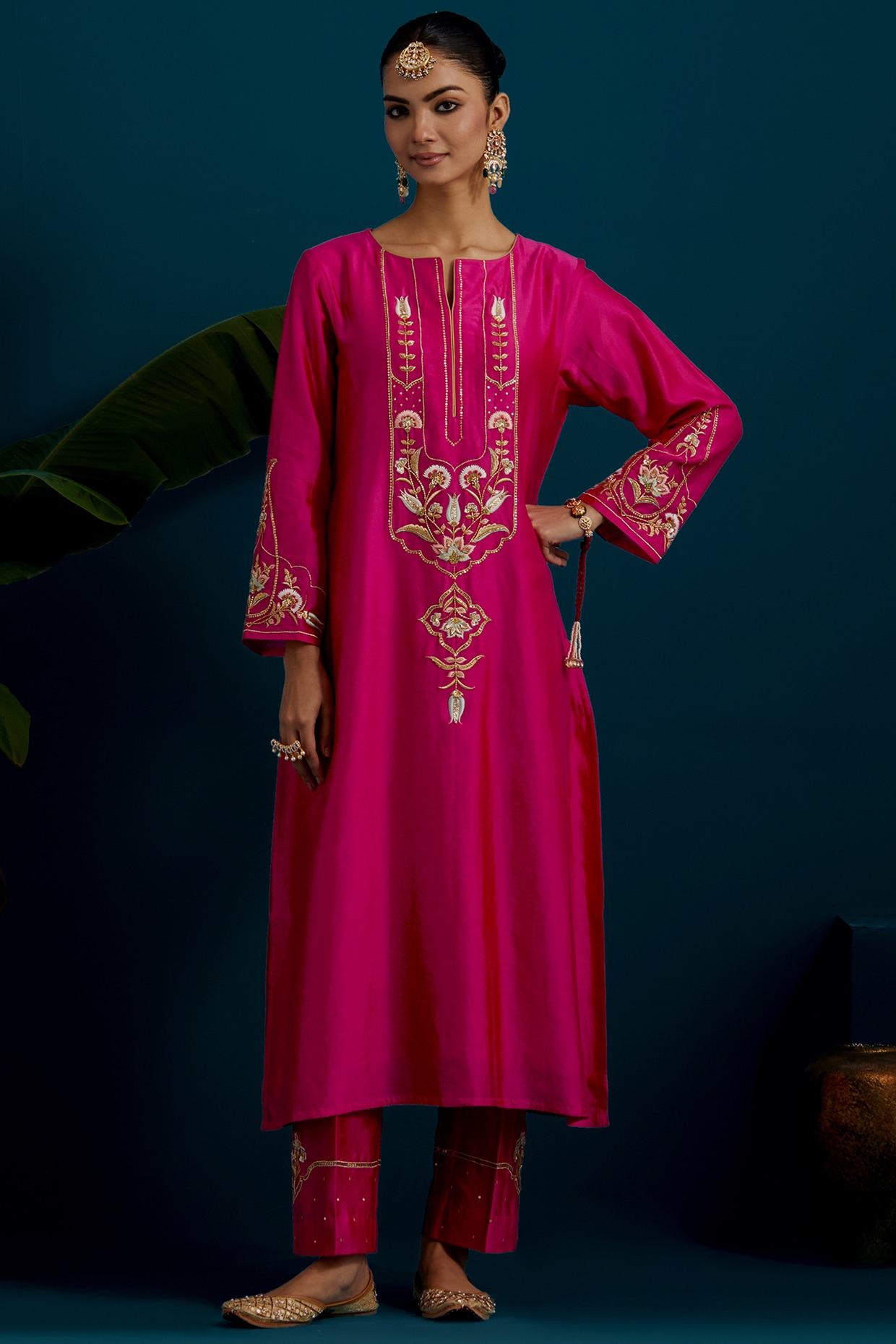 Fuchsia Silk Chanderi Dabka Embroidered A-Line Kurta Set by Anantaa By ...