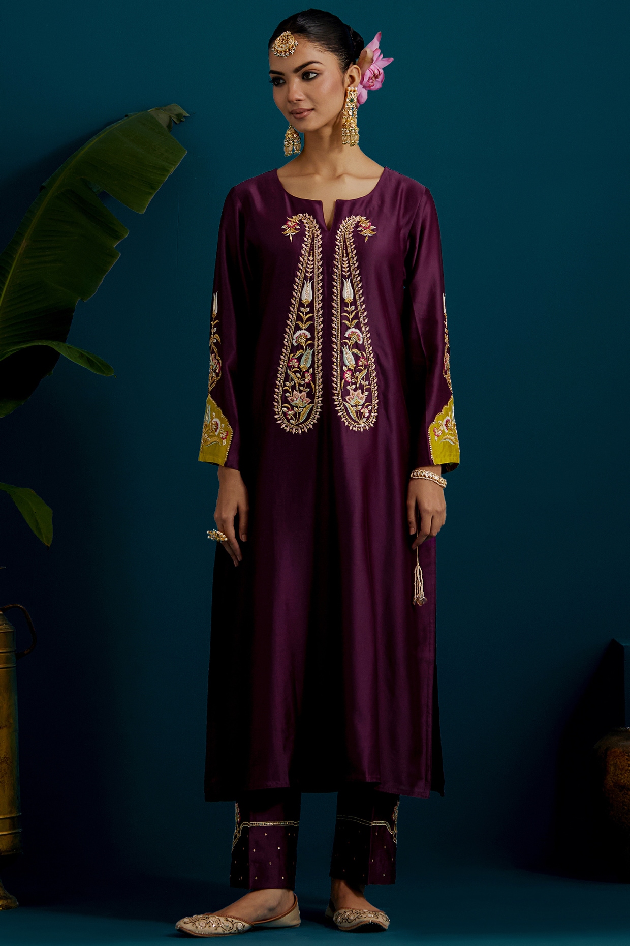 Purple Silk Chanderi Paisley Embroidered Kurta Set by Anantaa By Roohi ...