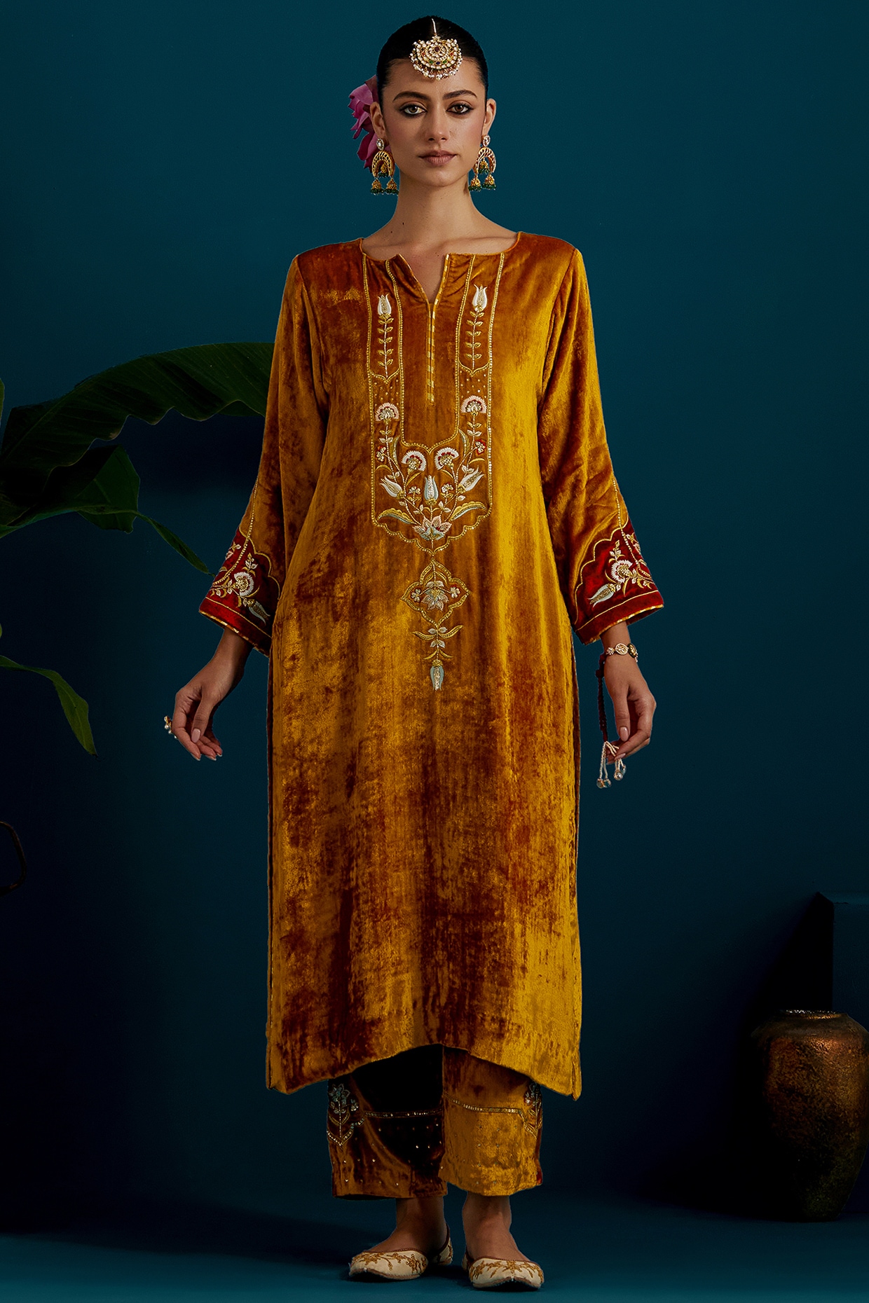 Mustard Viscose Velvet Sequins Embroidered A-Line Kurta Set by Anantaa ...