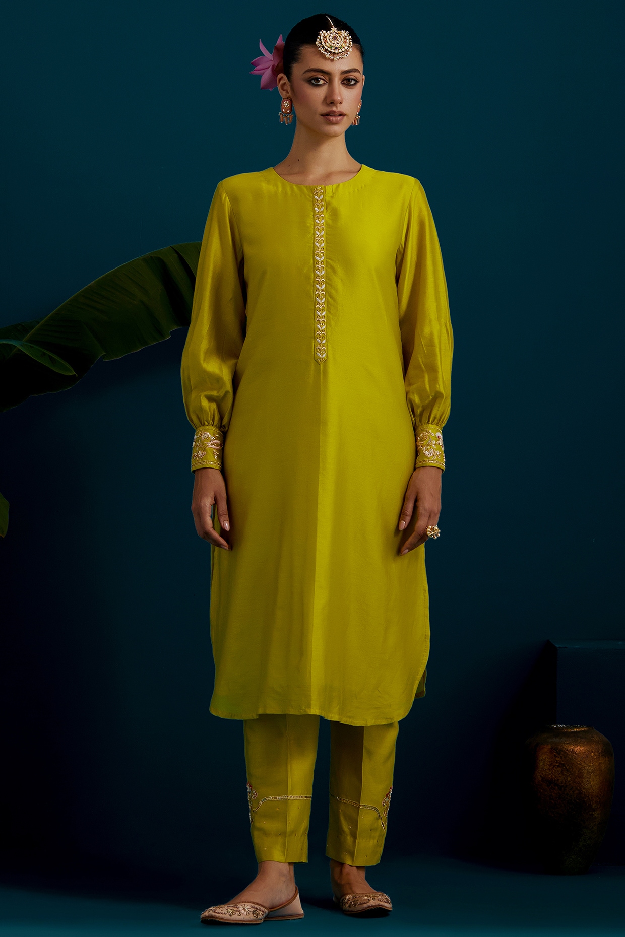 Lime Green Silk Chanderi Hand & Machine Embroidered Kurta Set by ...