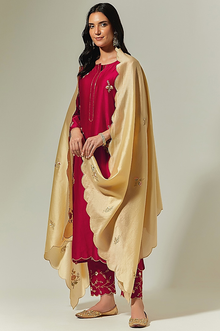 Beige Silk Chanderi Embroidered Dupatta by Anantaa By Roohi Trehan at ...