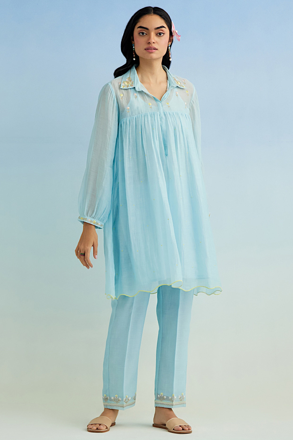 Blue Mul Chanderi Floral Embroidered Kurta Set by Anantaa By Roohi ...