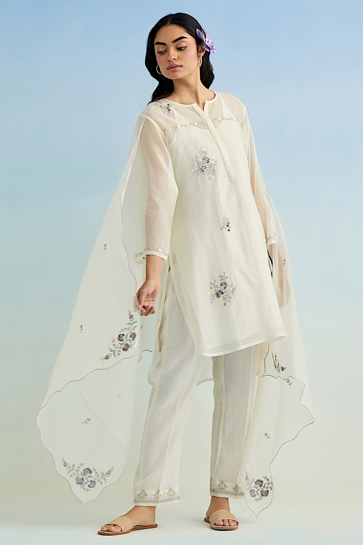 Ivory Mul Chanderi Floral High-Low Embroidered Kurta Set by Anantaa By ...