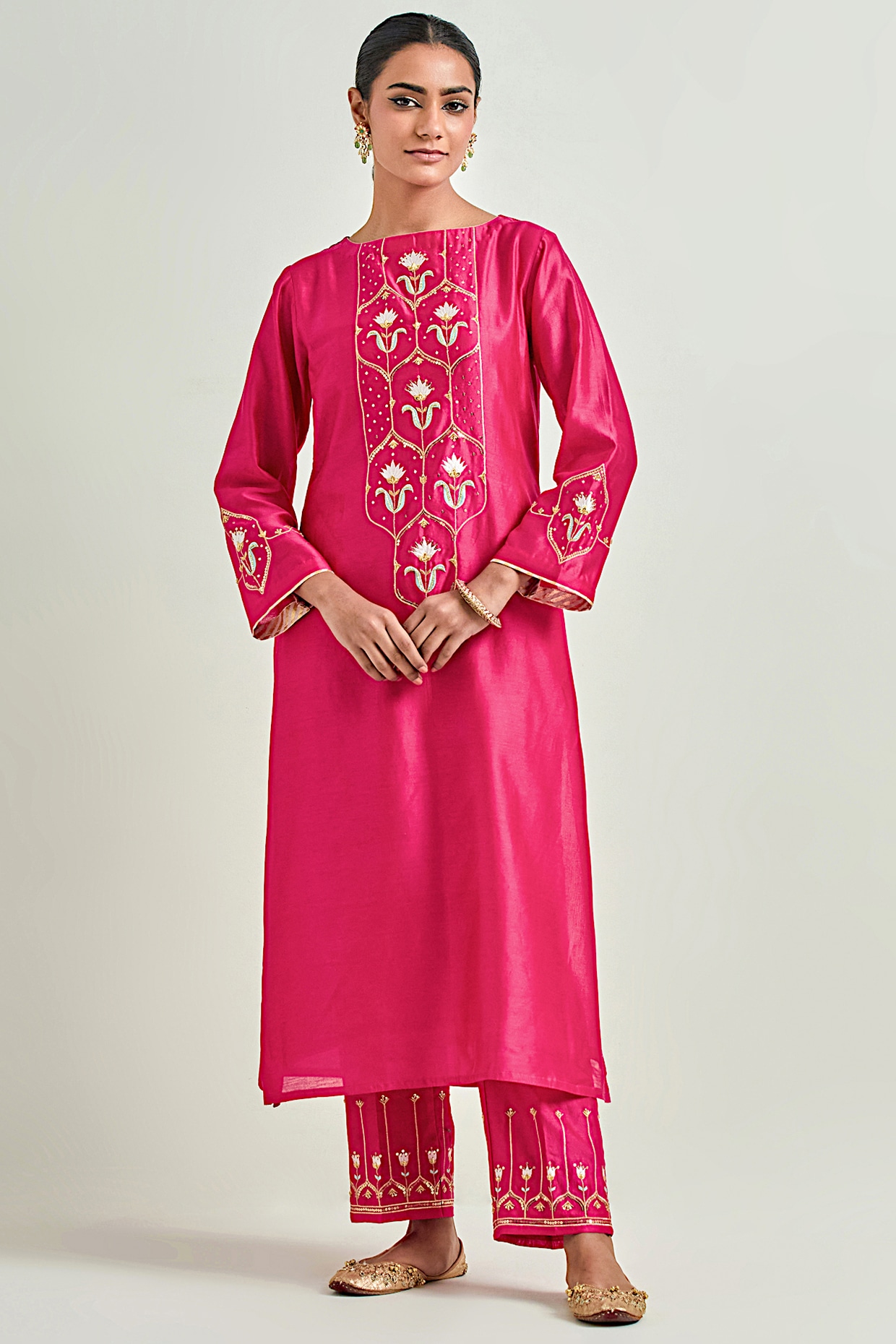 Fuchsia Silk Chanderi Embroidered Kurta Set by Anantaa By Roohi Trehan ...
