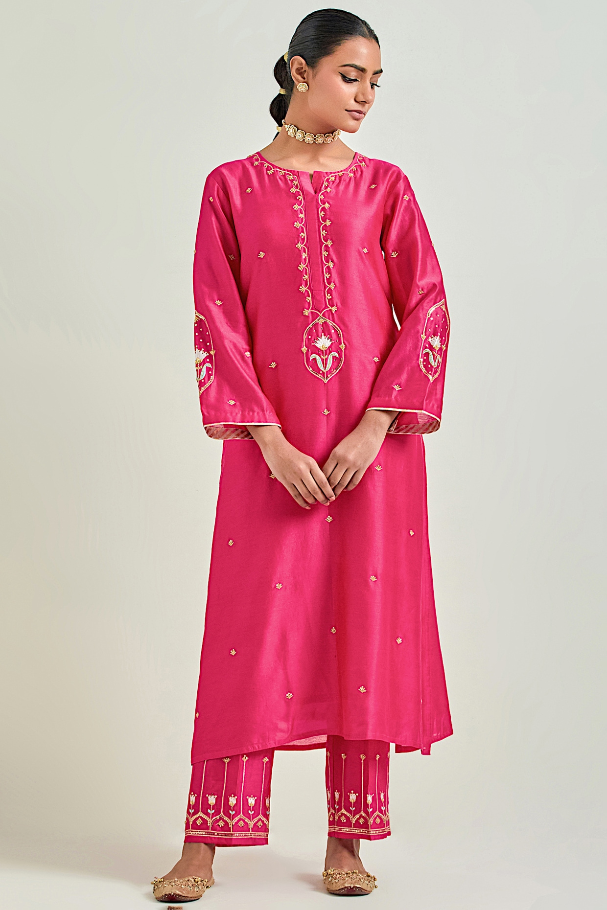 Fuchsia Silk Chanderi Embroidered Kurta Set by Anantaa By Roohi Trehan ...