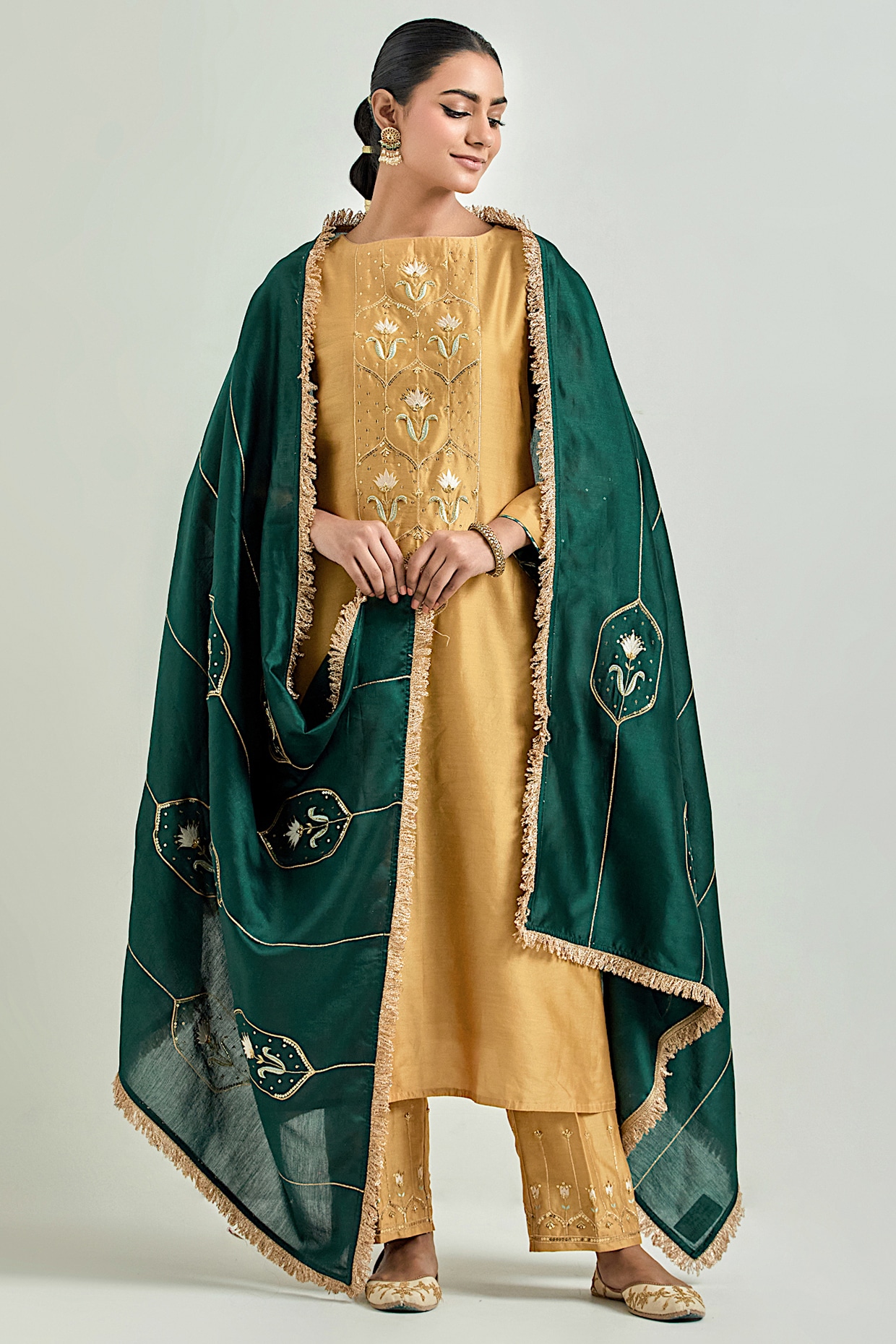 Mustard Silk Chanderi Embroidered Kurta Set by Anantaa By Roohi Trehan ...