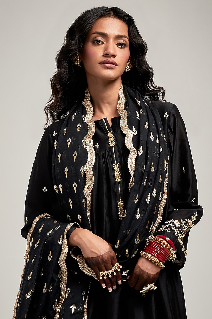 Black Silk Chanderi Sequins Embroidered Short Kurta Set by Anantaa By ...
