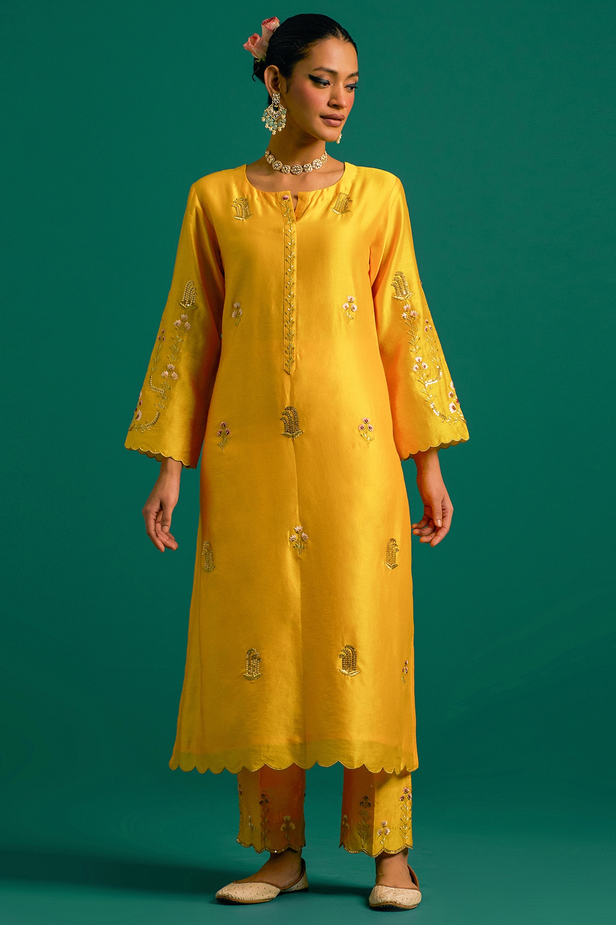 Yellow Silk Chanderi Hand Embroidered Kurta Set by Anantaa By Roohi ...