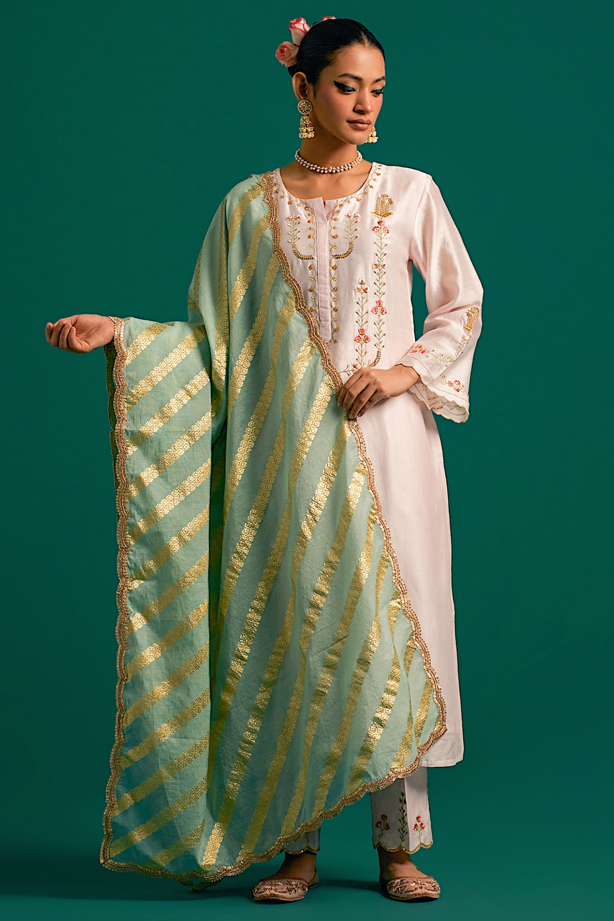Light Pink Silk Chanderi Hand Embroidered Kurta Set by Anantaa By Roohi ...