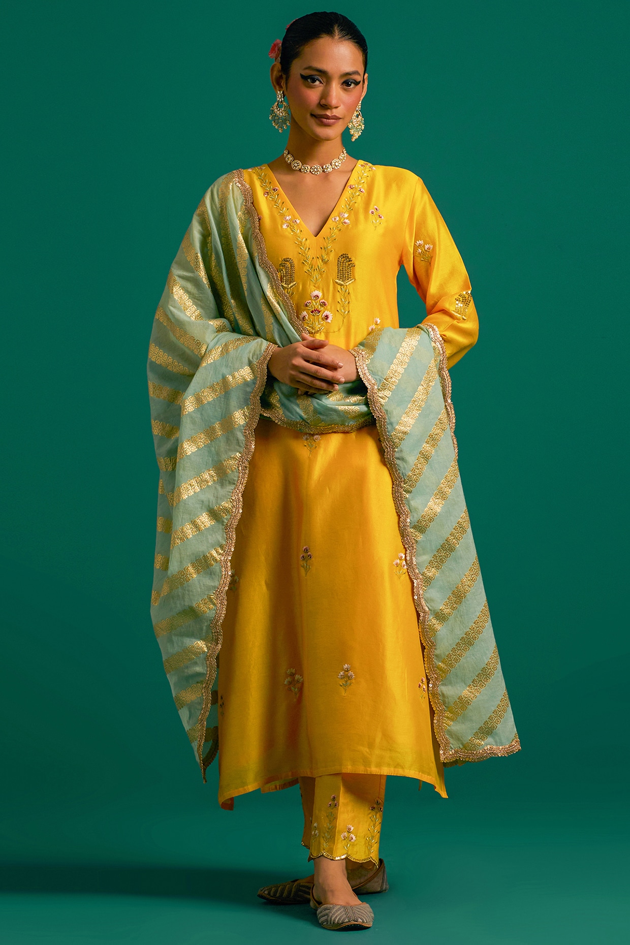 Yellow Silk Chanderi Hand Embroidered Kurta Set by Anantaa By Roohi ...