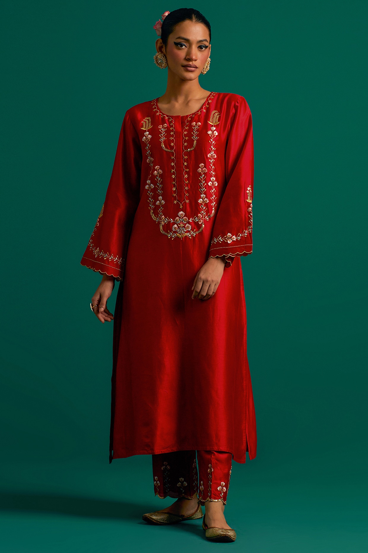 Red Silk Chanderi Hand Embroidered Kurta Set by Anantaa By Roohi Trehan ...