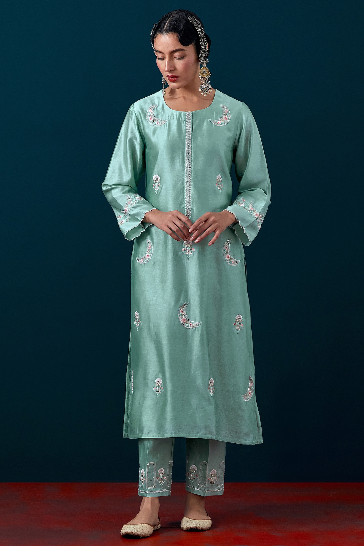 Dull Blue Silk Chanderi Zari & Sequin Hand Embroidered Kurta Set by ...