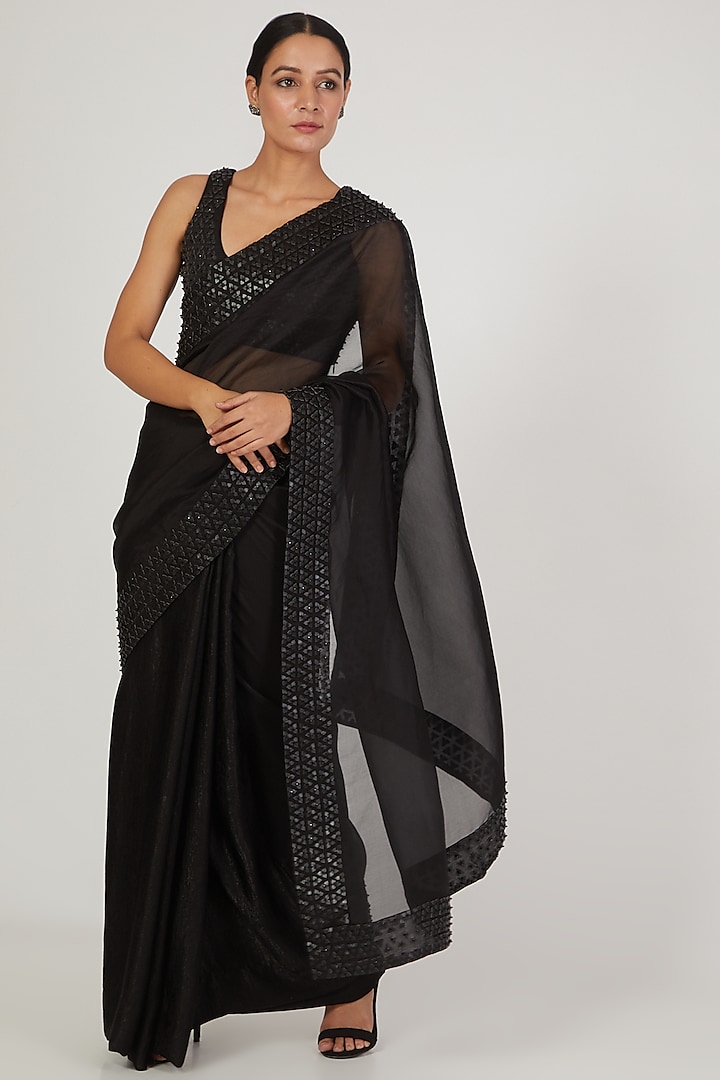 Black Leather Crystal Embroidered Saree Set by Anand Bhushan at Pernia ...