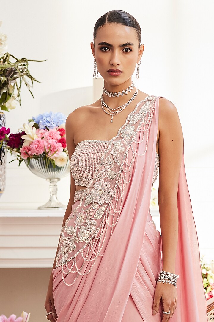 English Pink Chiffon Hand Embroidered Draped Saree Set by ANUSHKAA ...