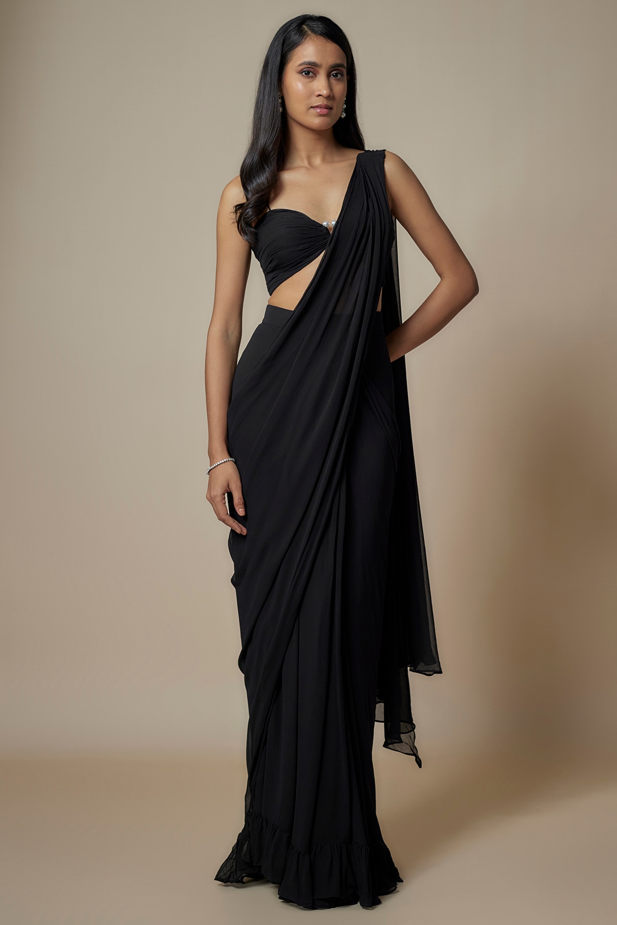 Black Pure Georgette Pearl Embroidered Pre-Draped Ruffled Saree Set by ...