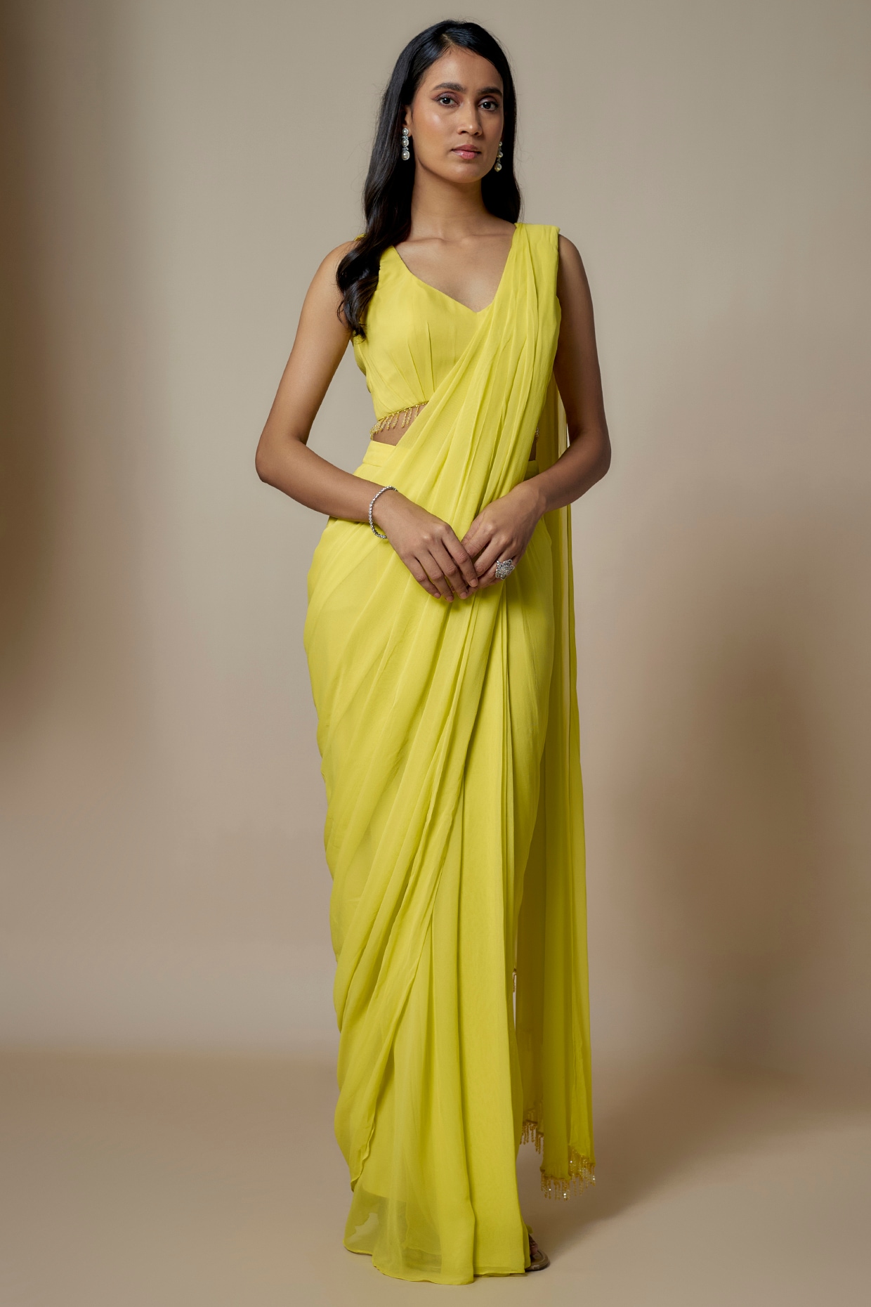 Lime Yellow Pure Georgette Pre-Draped Saree Set by Ankita Bajaj Label ...
