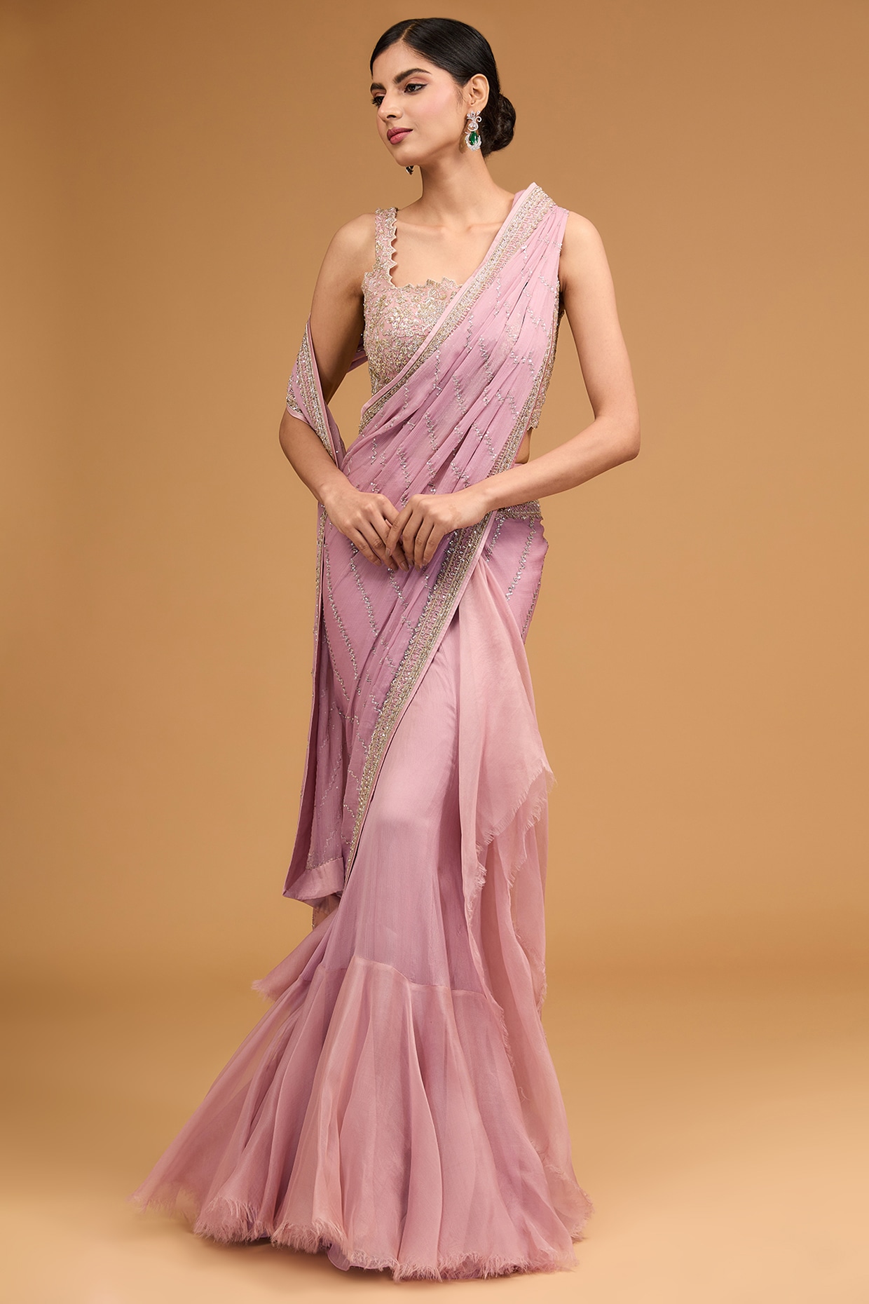 Onion Pink Chiffon Sequins Embroidered Ruffled Saree Set by Anushree ...