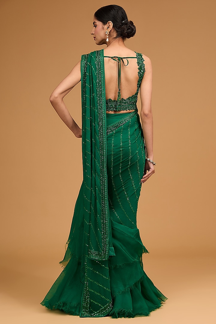 Emerald Green Chiffon Sequins Embroidered Ruffled Saree Set by Anushree ...