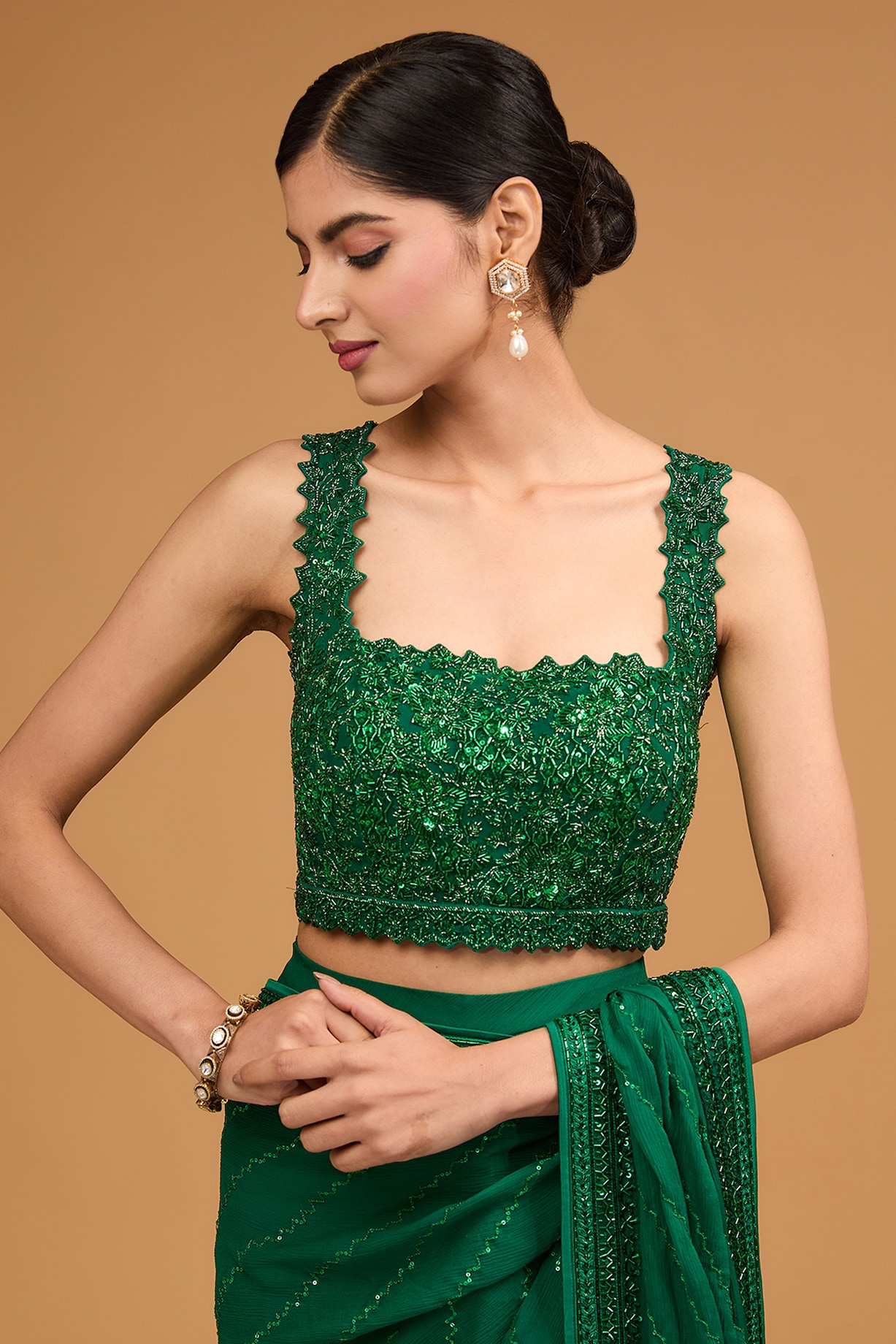 Emerald Green Chiffon Sequins Embroidered Ruffled Saree Set by Anushree ...