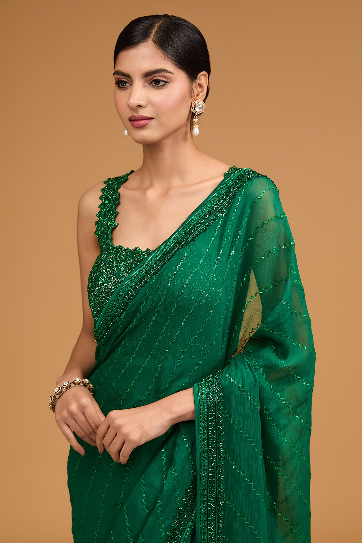 Emerald Green Chiffon Sequins Embroidered Ruffled Saree Set Design by ...