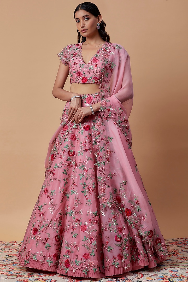 Pink Organza Thread Embroidered Bridal Lehenga Set by Anushree Reddy at ...