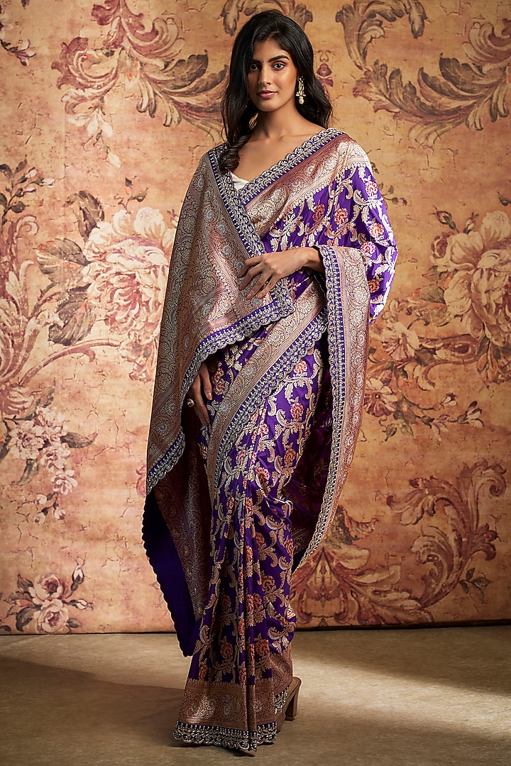 Purple Banarasi Silk Zardosi Embroidered Saree Set by Anushree Reddy at ...