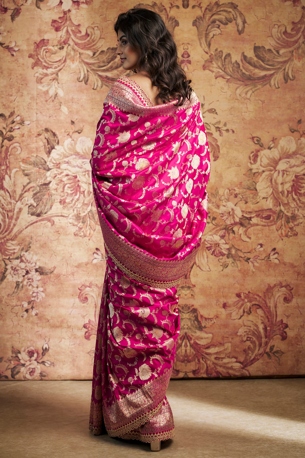 Cherry Red Banarasi Silk Zardosi Embroidered Saree Set Design by ...