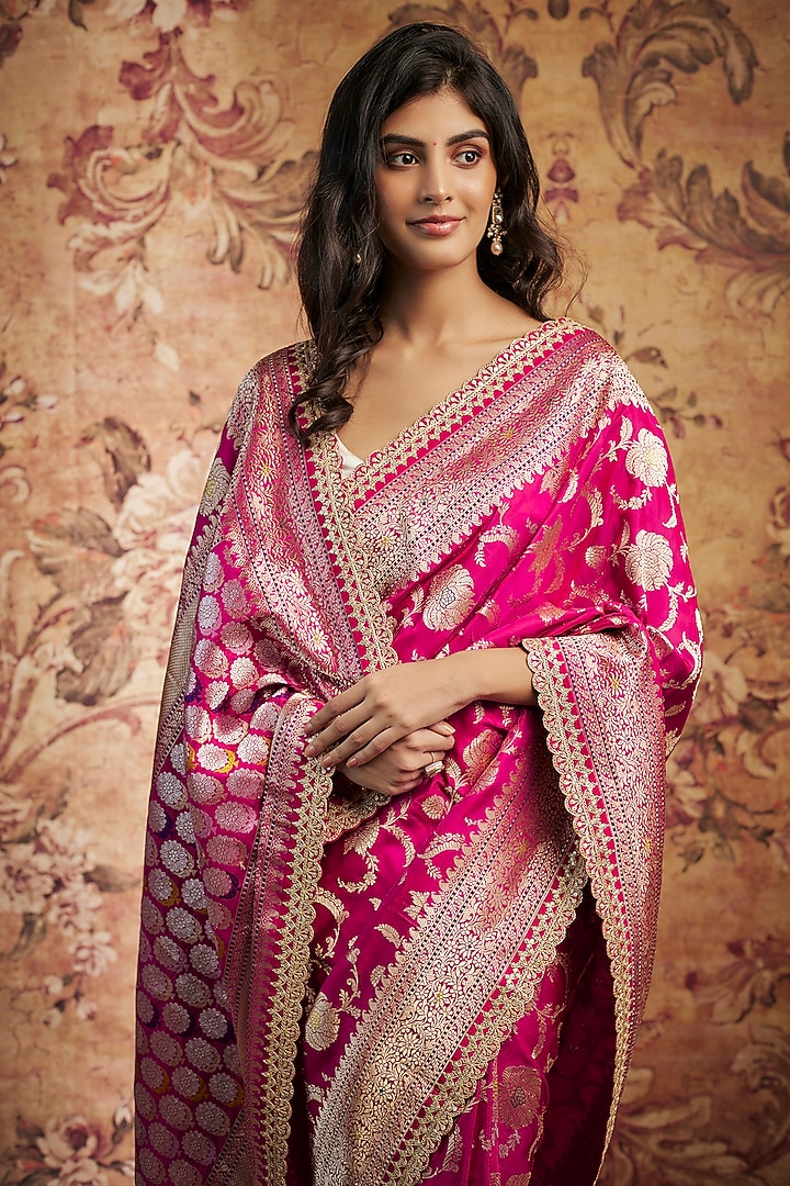 Cherry Red Banarasi Silk Zardosi Embroidered Saree Set Design by ...