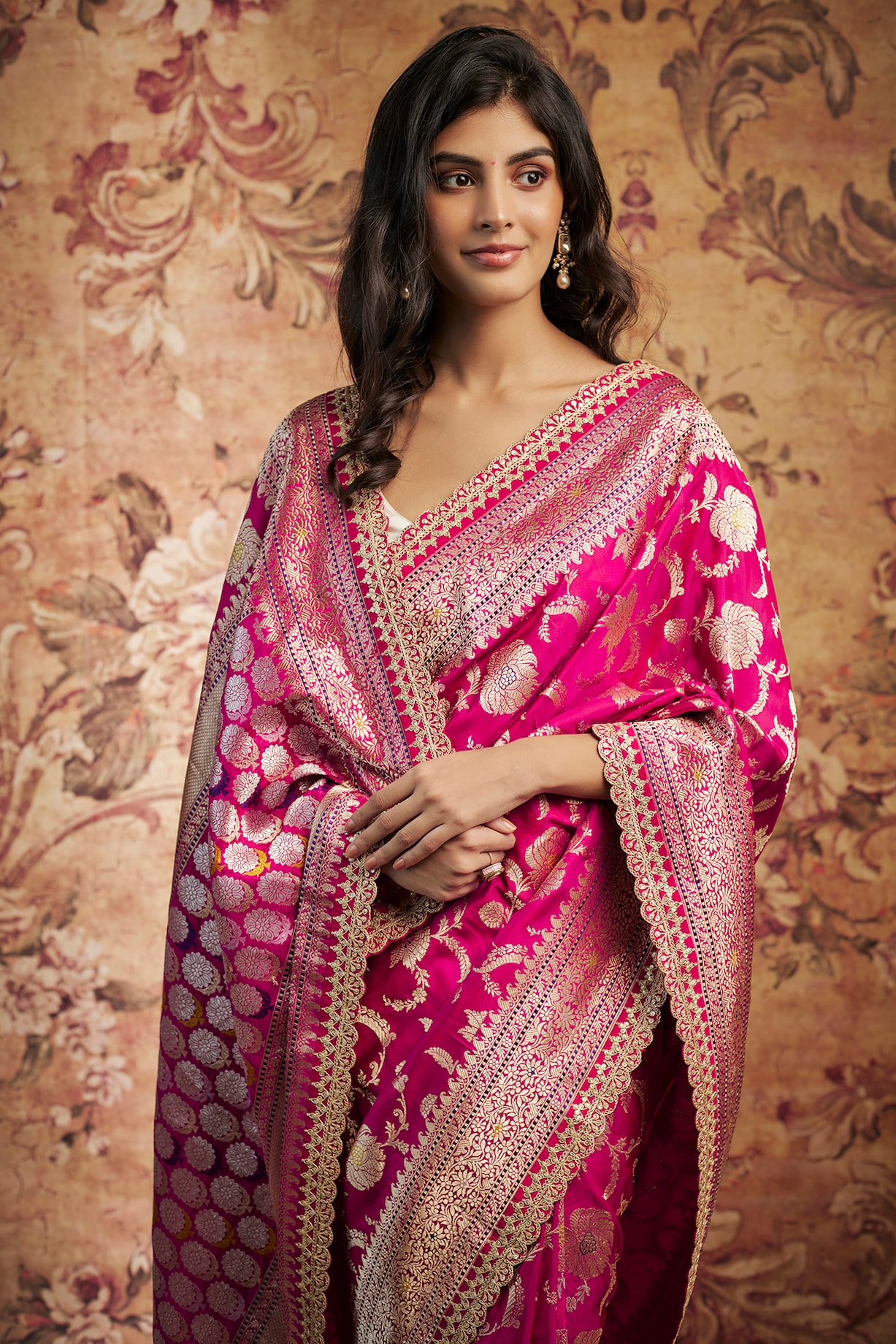 Cherry Red Banarasi Silk Zardosi Embroidered Saree Set Design by ...