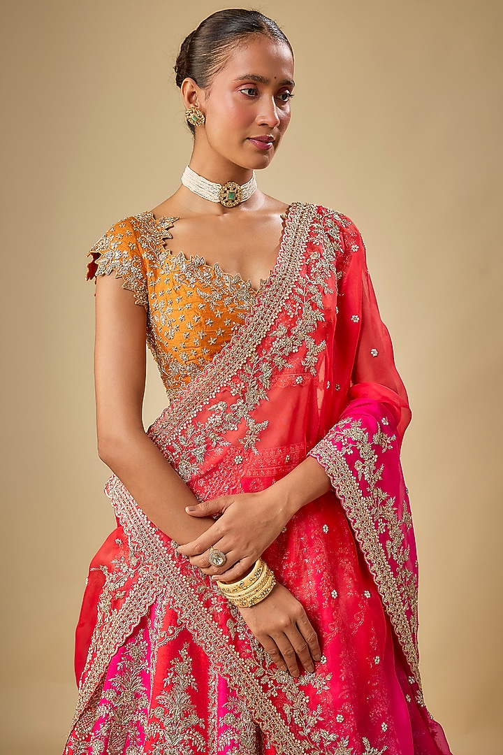 Red & Hot Pink Raw Silk Hand Embroidered Bridal Lehenga Set by Anushree ...
