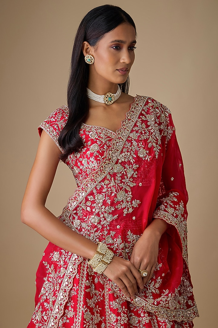 Red Raw Silk Hand Embroidered Bridal Lehenga Set by Anushree Reddy at ...