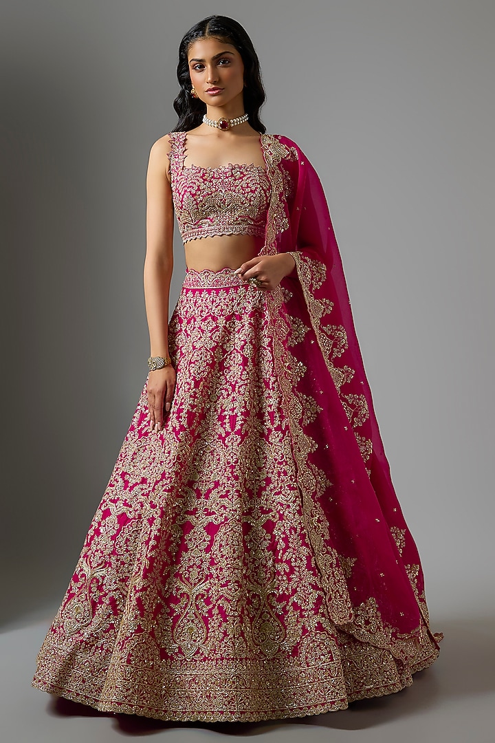 Cherry Red Organza Hand Embroidered Bridal Lehenga Set by Anushree ...