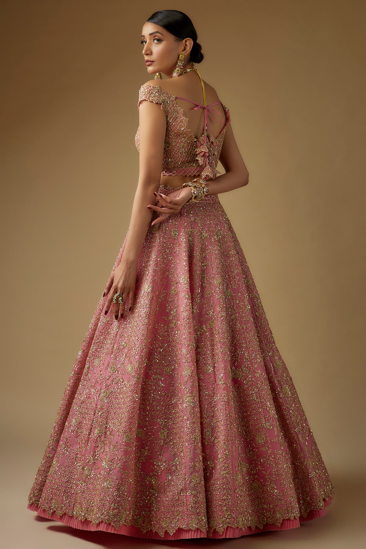 Pink Organza Gold Embroidered Bridal Lehenga Set By Anushree Reddy At