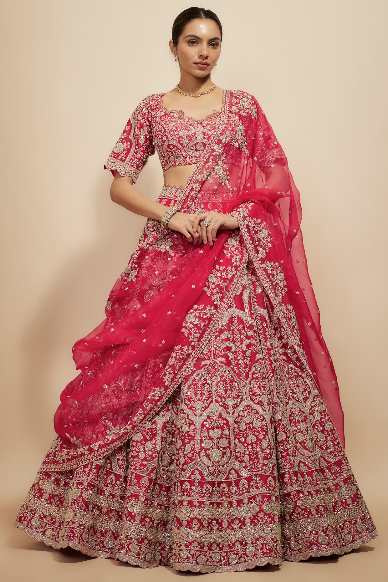 Reddish Pink Organza Hand Embroidered Bridal Lehenga Set by Anushree ...
