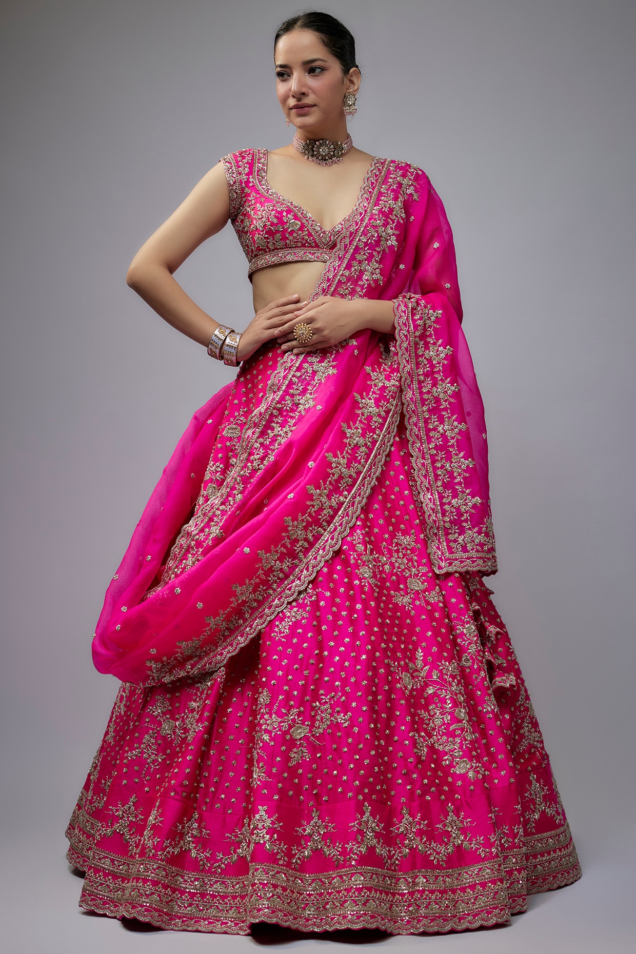 Pink Raw Silk Hand Embroidered Bridal Lehenga Set by Anushree Reddy at ...