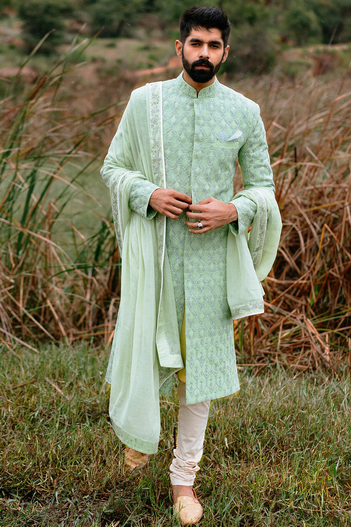 Mint Green & White Sherwani Set Design by Anushree Reddy Men at Pernia ...