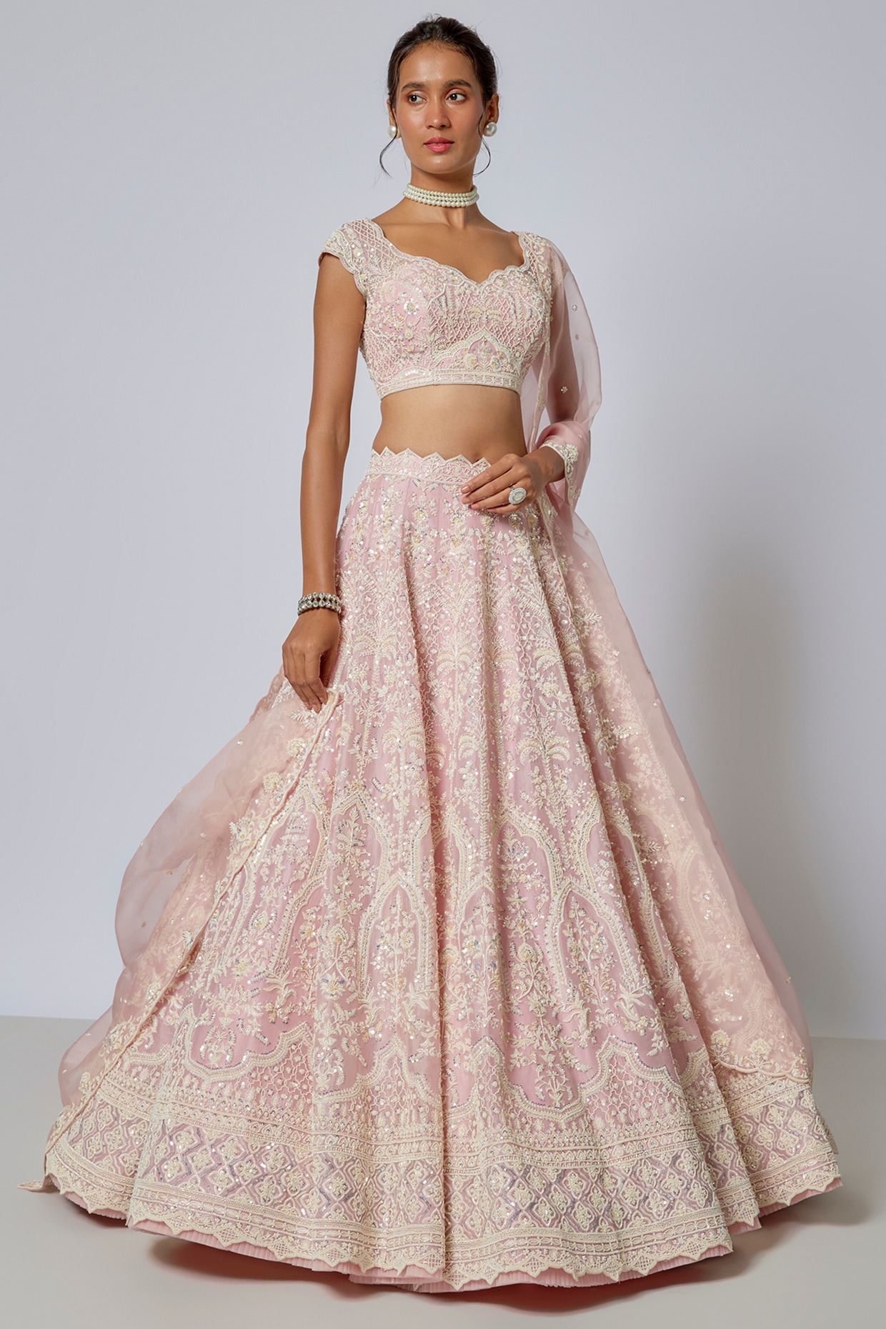 Light Pink Organza Hand Embroidered Bridal Lehenga Set by Anushree ...