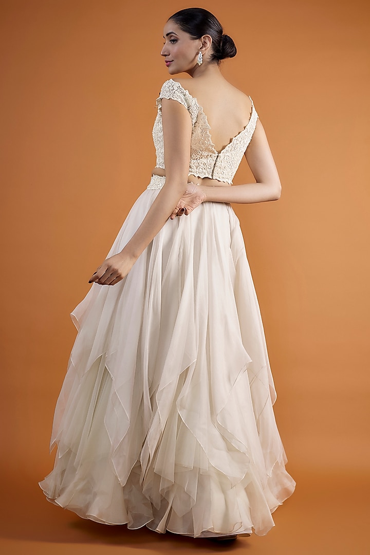 Ivory Organza Pearl Embroidered Layered Wedding Lehenga Set by Anushree ...