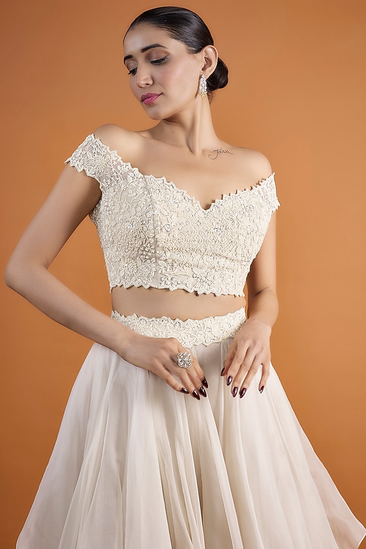 Ivory Organza Pearl Embroidered Layered Wedding Lehenga Set by Anushree ...