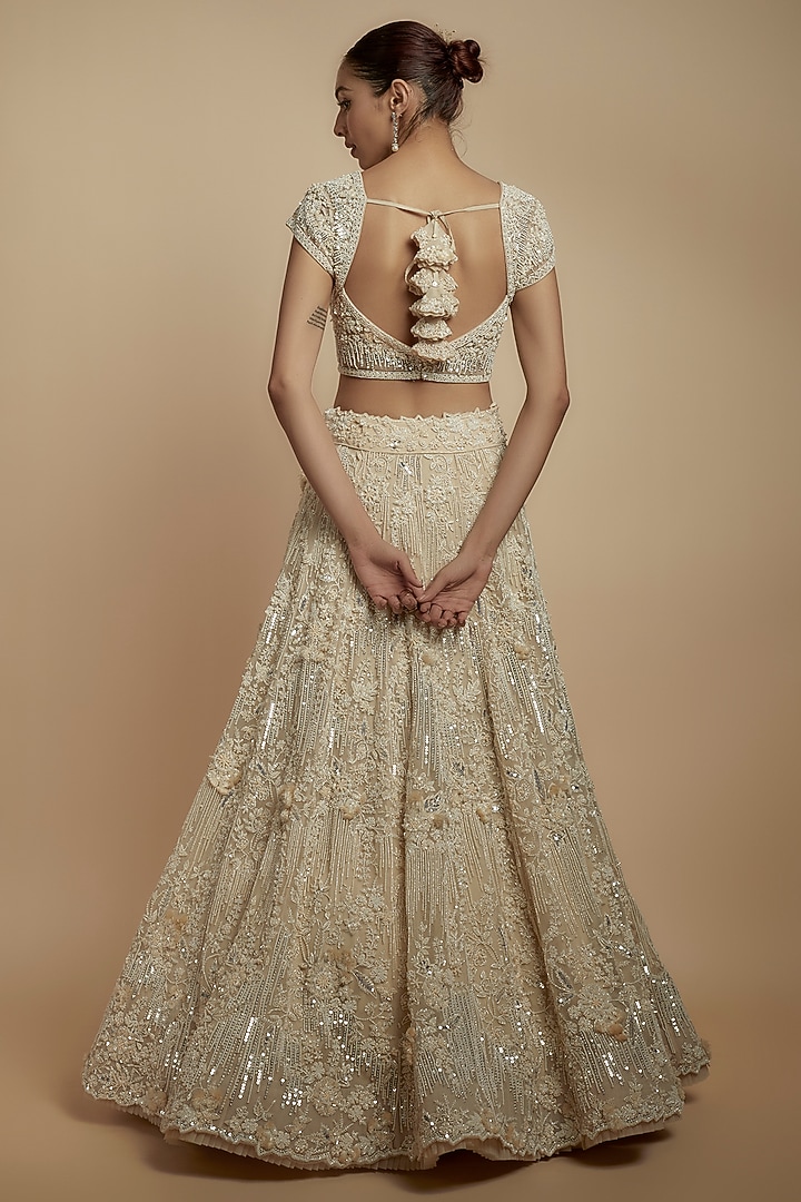 Ivory Net Pearl Embroidered Bridal Lehenga Set by Anushree Reddy at ...
