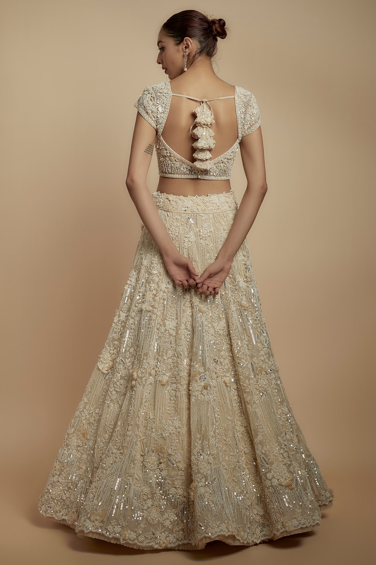 Ivory Net Pearl Embroidered Bridal Lehenga Set by Anushree Reddy at ...