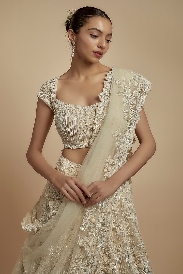 Ivory Net Pearl Embroidered Bridal Lehenga Set by Anushree Reddy at ...