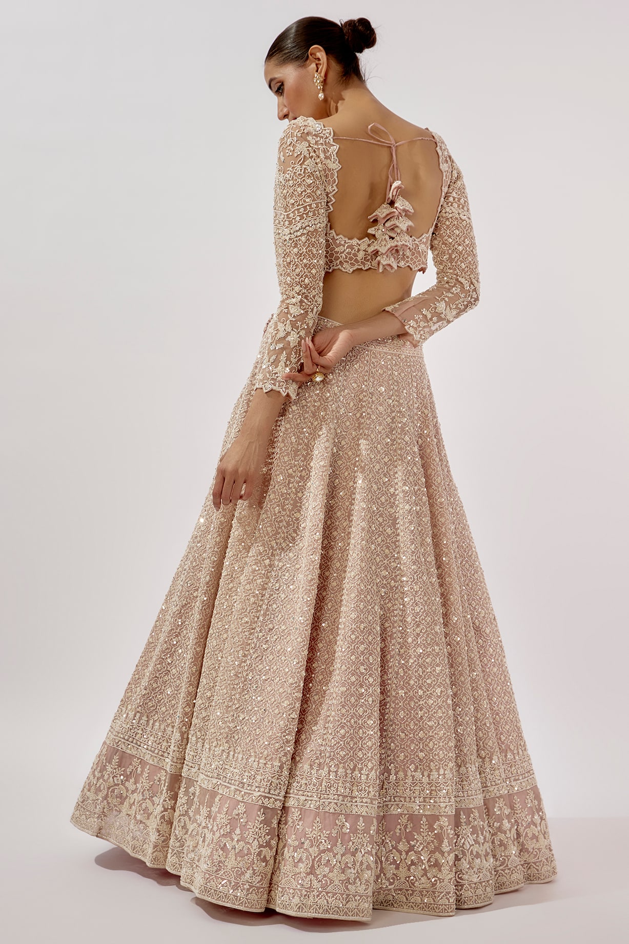 Pink Organza Pearl & Cutwork Hand Embroidered Bridal Lehenga Set by ...